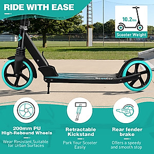 BELEEV V5 Scooters for Kids 6 Years and up, Folding Kick Scooter 2 Wheel for Adults Teens, 4 Adjustable Handlebar, 200mm Big Wheels, Lightweight Sports Commuter Scooter(Teal)