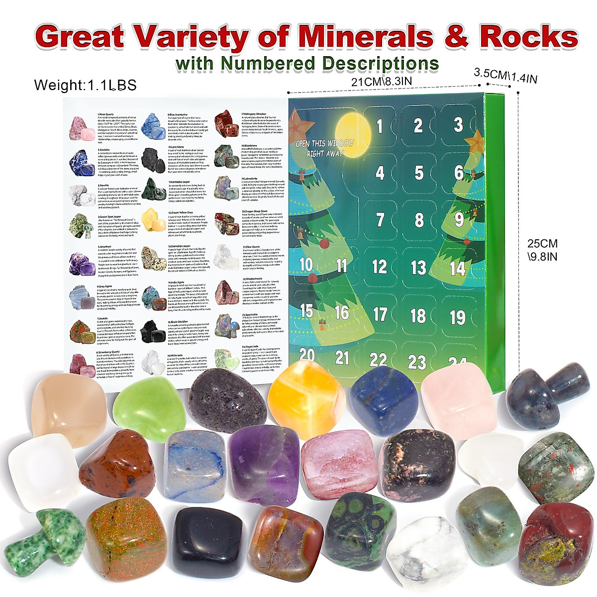Advent Calendar 2023 Crystals for Kids with 24 Days Christmas Countdown Surprises, Natural Mineral & Rock Stone for Learning, Collection, Scientific Gift for Girls & Boys & Geology Enthusiasts