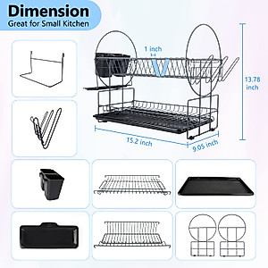 Housen Solutions Dish Drying Rack, 2 Tier Rust-Resistant Dish Rack with Drainboard, Dish Racks for Kitchen Counter with Glass and Utensil Holder