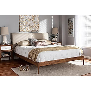 Baxton Studio Aveneil Mid-Century Modern Beige Fabric Upholstered Walnut Finished King Size Platform Bed
