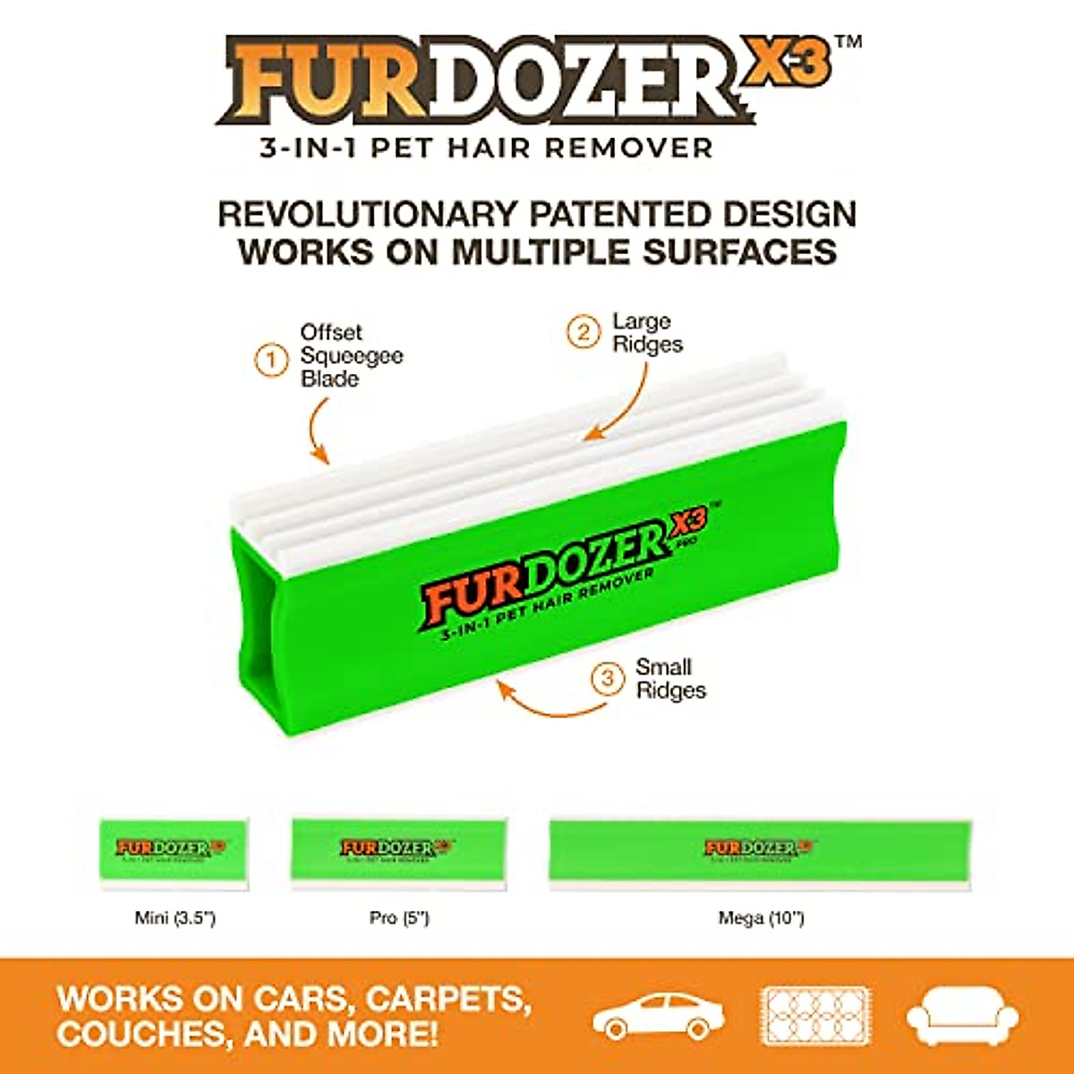 FurDozer X3 PRO 3-in-1 Pet Hair Remover & Auto Detailer - Remove Fur & Lint from Multiple Surfaces Green