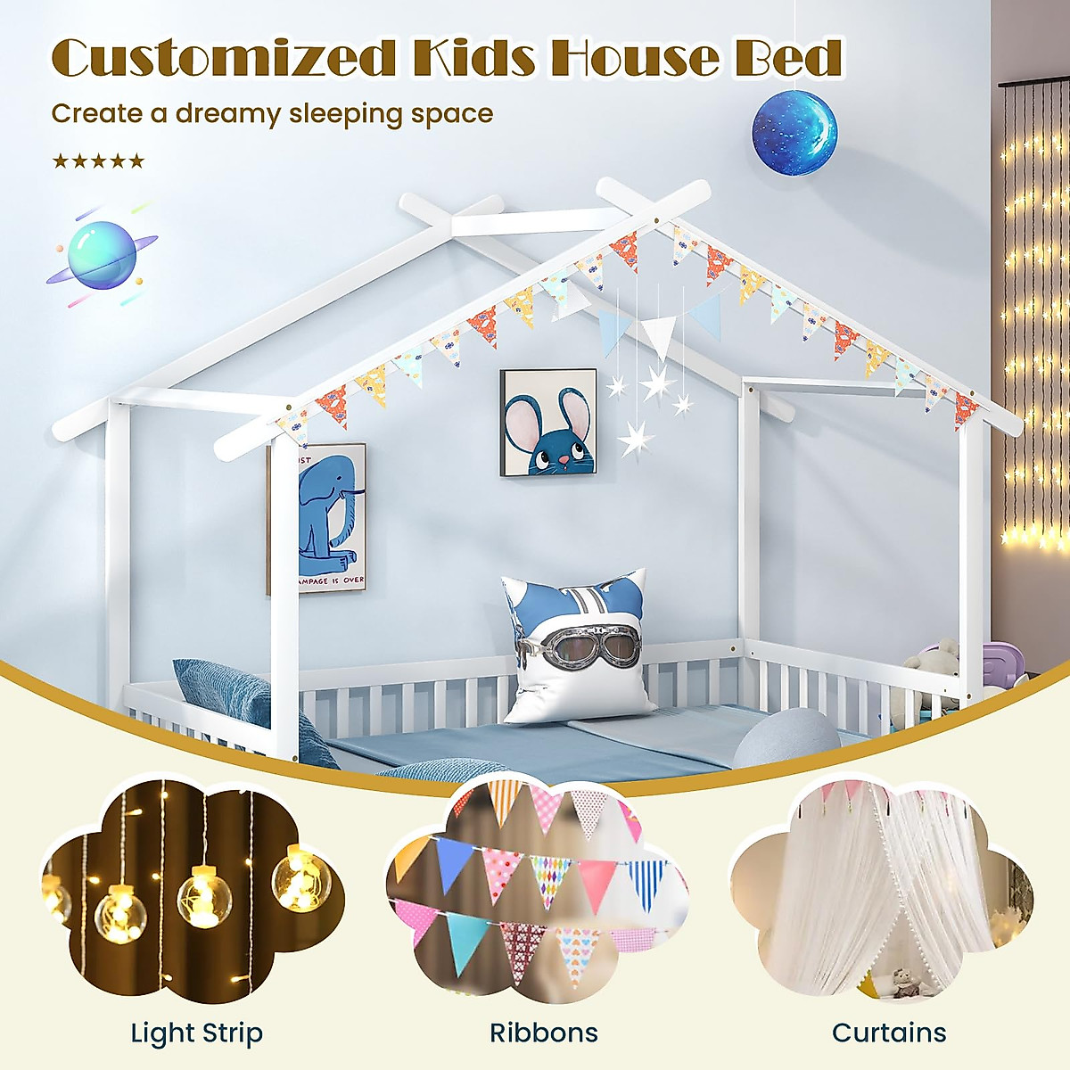 Giantex Wood House Bed for Kids, Twin to King Extendable Daybed with Roof & Fence Rails, Kids Bed for Teens, Boys & Girls, Twin Floor Day Bed, No Box Spring Needed, White