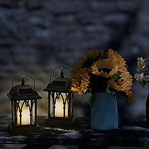 Outdoor Hanging Solar Lantern - 11 Inch Black Lantern with Solar Powered LED Candle, Waterproof, Dusk to Dawn Timer, Classic Mission Style, Fall Decor for Mantle or Patio