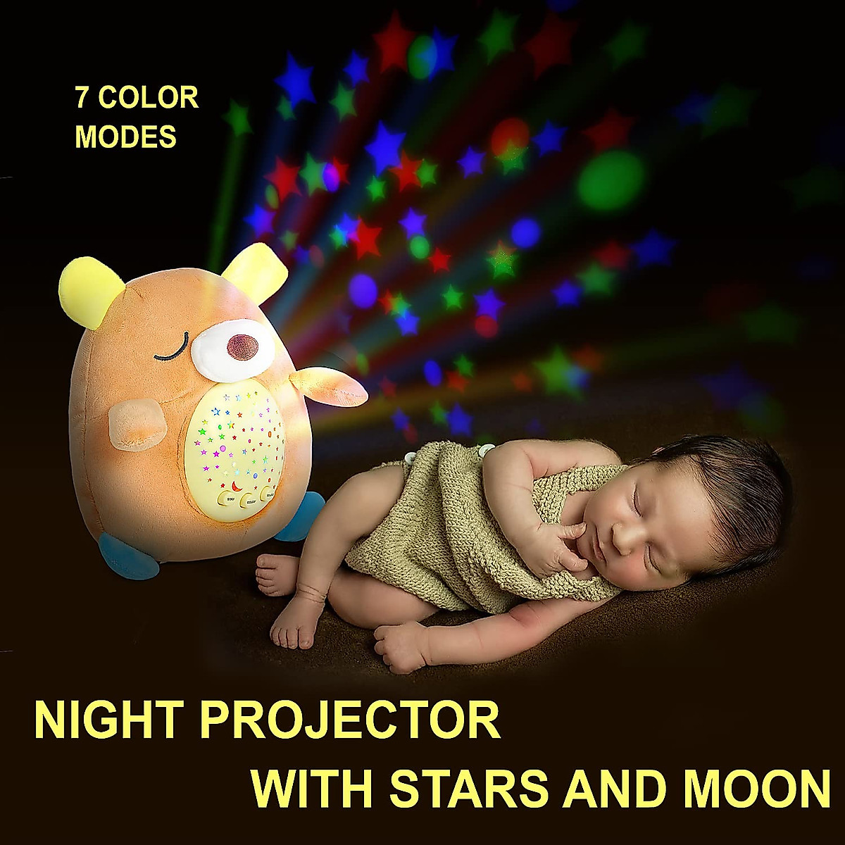 Baby Sleep Soother Happy Bear - Toddler Portable Sound Machine with Night Light Projector - Plush Toy Crib Soother with Music and Lights to Aid Sleep for Newborn