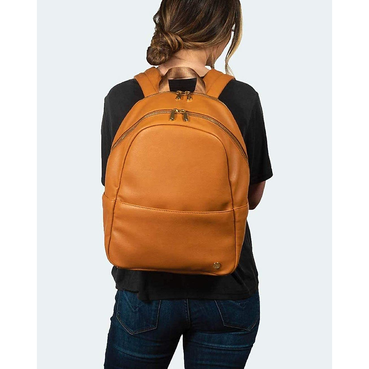 Little Unicorn Skyline Backpack – Diaper, Work, Travel Bag with Changing Pad - Premium Vegan Leather – Lightweight & Durable Design – 5 Interior Pockets – Easily Wipes Clean (Cognac)