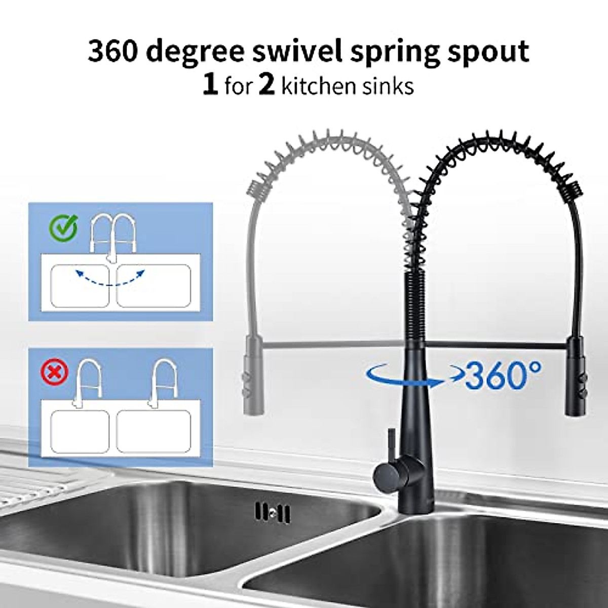 OYMOV RV Kitchen Faucet w/Pull Down Sprayer - Single Handle High Arc Spring Kitchen Sink Faucet for 1 or 3 Hole, RVs, Fifth Wheels, Motor Homes, Travel Trailers, Campers, Boats, Matte Black