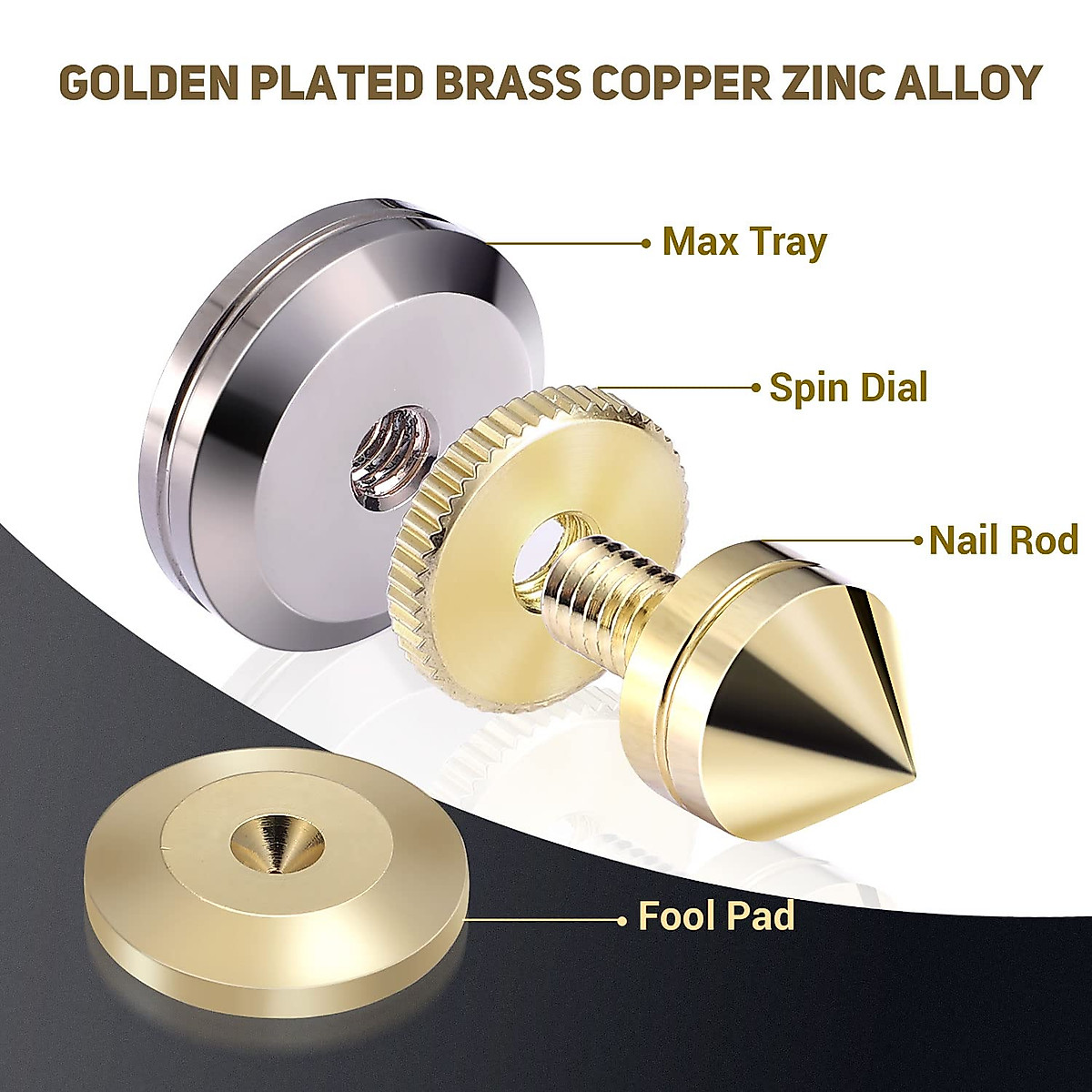 Facmogu 4PCS Golden Speaker Isolation Spikes with Plated Speaker Spikes Pads Mat, Speaker Spikes & Speaker Spike Pad Kit with Double-Sided Adhesive for Subwoofer CD DVD Player Audio Amplifier Recorder