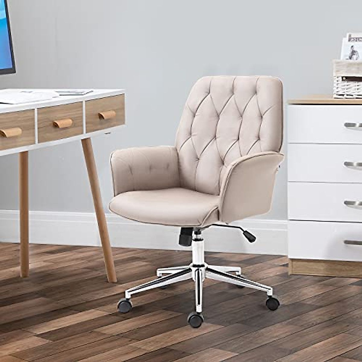 Vinsetto Modern Mid-Back Tufted Microfiber Home Office Desk Chair with Adjustable Height, Swivel Adjustable Task Chair with Padded Armrests, Light Grey