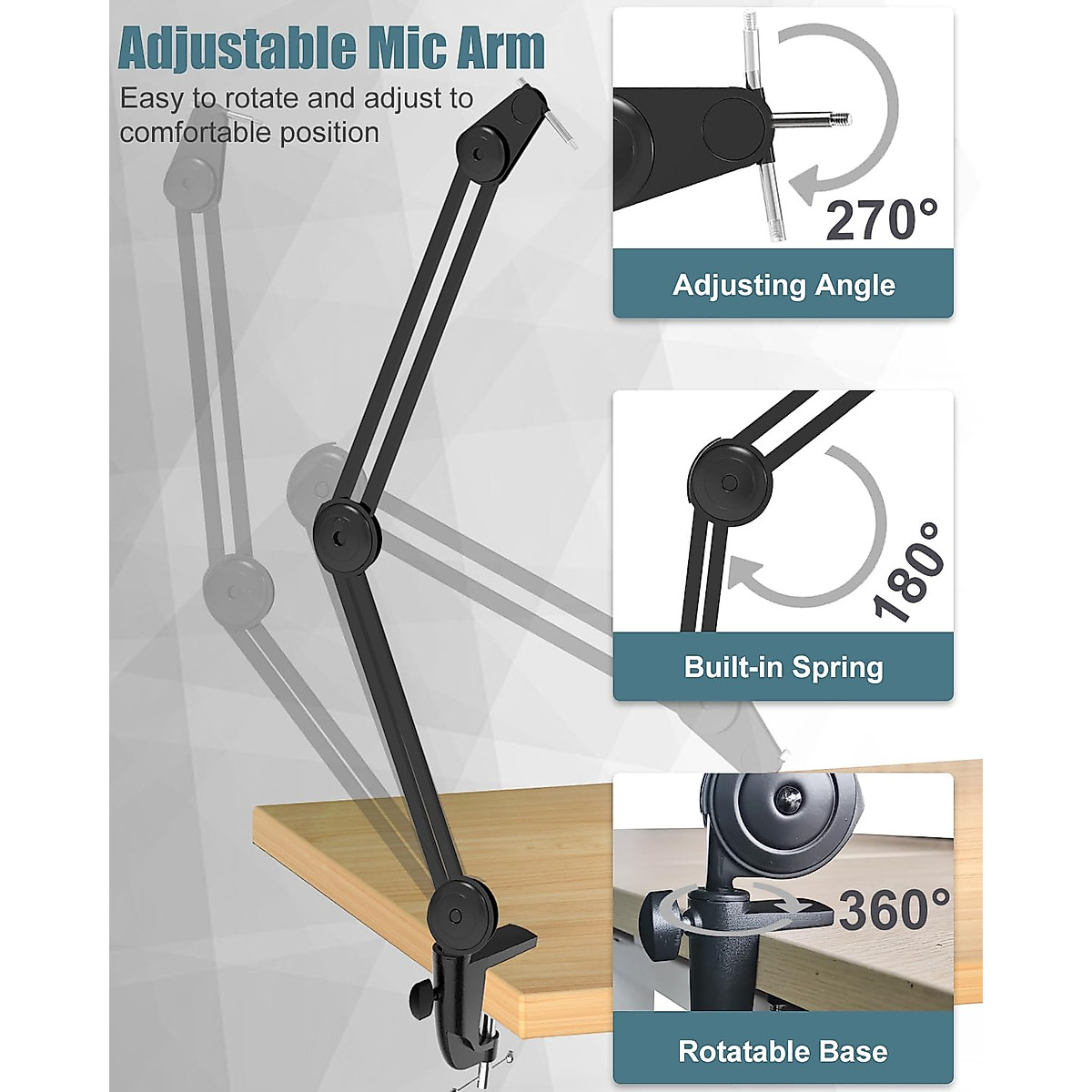 Boseen Microphone Boom Arm Stand for Blue Yeti with Shock Mount Foam Cover, Heavy Duty Boom Scissor Arm Stand for Blue Yeti, Broadcasting and Recording