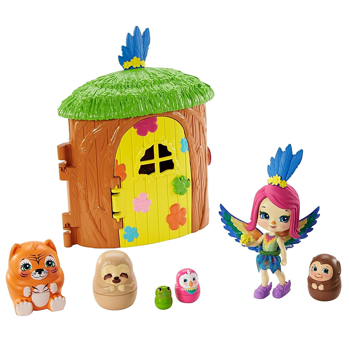 Enchantimals Secret Besties Tree Hut Playset with Small Doll House, Peeki Parrot Doll (3.5-inch), 5 Nesting Animal Figures & Accessory, Junglwood Toy Collection
