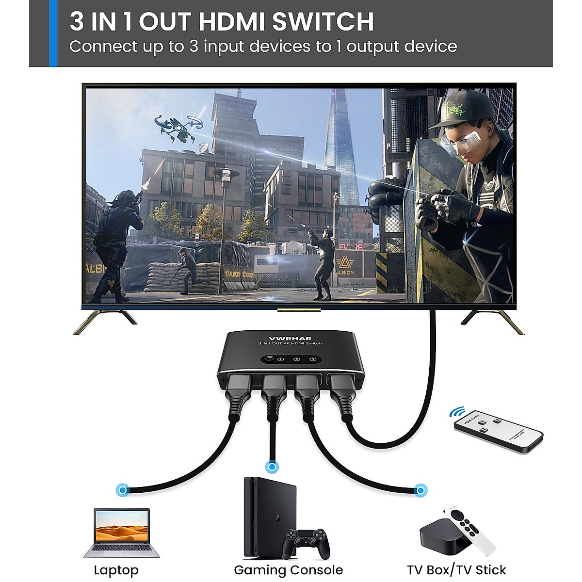 HDMI Switch 3 in 1 Out 4K UHD HDMI Switcher Splitter, Automatic Switch with Remote Metal HDMI Switch Box Hub Support 4K 30Hz 3D 1080P HDCP1.4 for PS5 PS4 Xbox DVD Player Fire Stick Apple TV PC