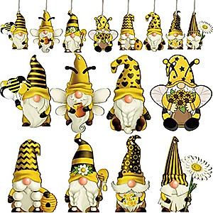 40 Pieces Sunflower Gnome Wooden Ornament Honeybee Hanging Wooden Pendant Summer Gnomes Wood Sunflower Tree Decorations Flower Gnome with Hat Handing Tag with Burlap Rope for Decor(Honeybee Gnome)