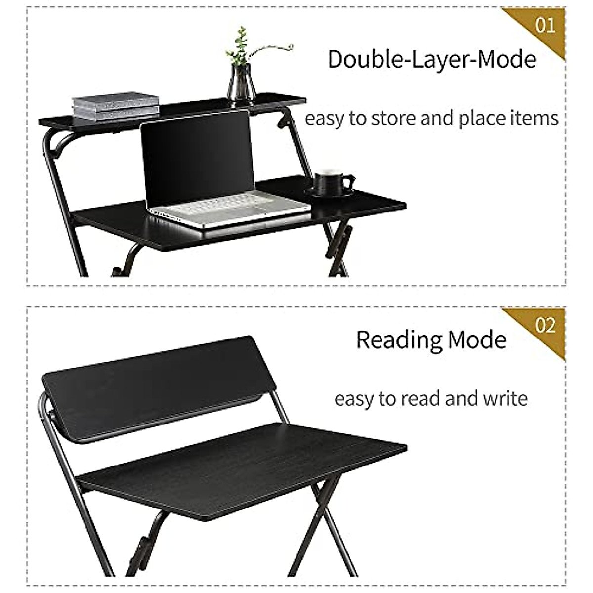 Generic Table Study Folding Computer Desks Black Gaming Rotating Panel Work MDF Board No Assembly Required Computer Desk with 2-Tier Shelf Table Black