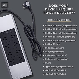 Austere VII Series Surge Protector Power Strip, 8 Wide Outlets, 3 USB C and 2 USB A 2.4 amp Ports, 45W Power Delivery | 4000 Joules Heavy Duty, EMI/RFI Filtering, 7 Year Component Guarantee