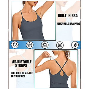 POWERASIA Women’s Tennis Dress Exercise Dress with Built-in Bra & Shorts Workout Golf Athletic Sleeveless Dress with Pockets Dark Grey