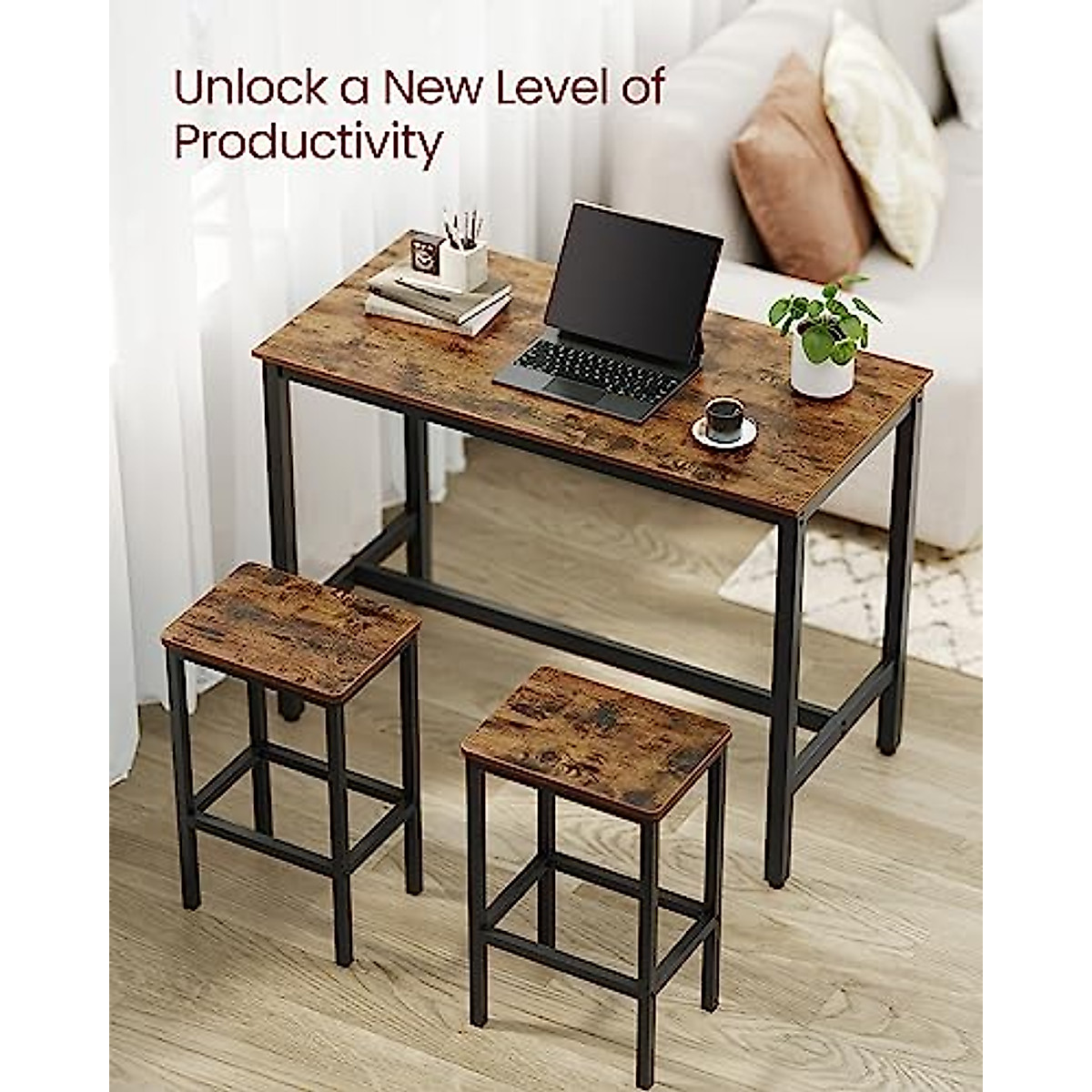 VASAGLE Bar Table Set, with 2 Bar Stools, Dining table set, Kitchen Counter with Bar Chairs, Industrial, Living Room, Party Room, Rustic Brown and Black ULBT15X