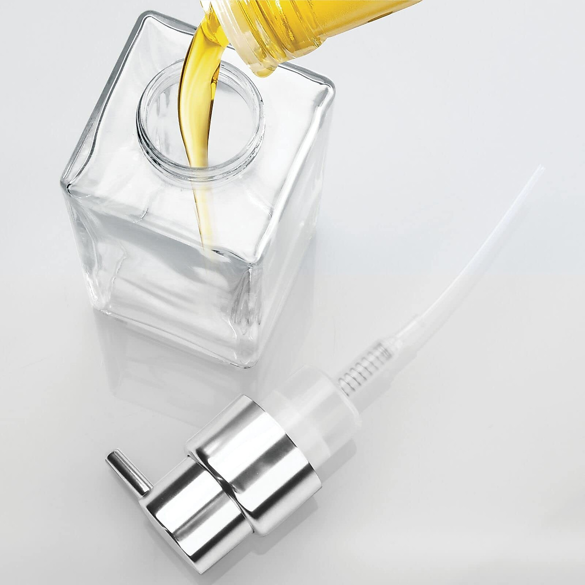 mDesign Modern Square Glass Refillable Foaming Hand Soap Dispenser Pump Bottle for Bathroom Vanities or Kitchen Sink, Countertops - Clear/Chrome