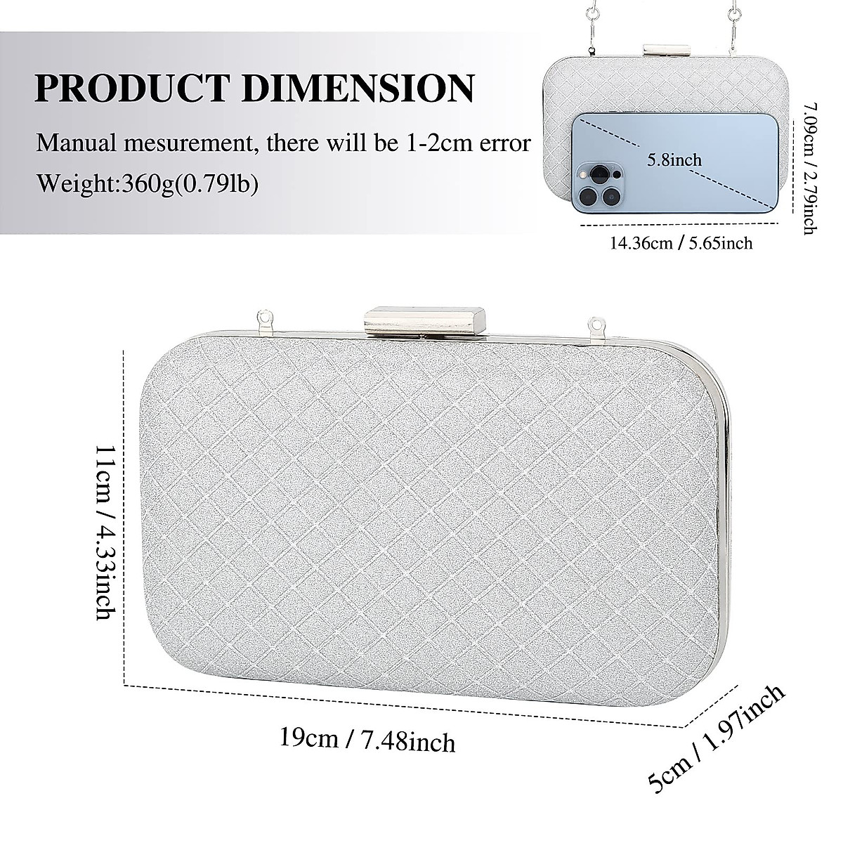 Tanpell Women's Evening Bag Glittering Clutch Handbag Wedding Party Bridal Purse with Detachable Chain (Silver)