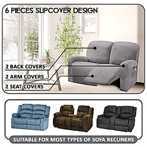 ULTICOR Reclining Love Seat Slipcover, 48" - 65" L, 6-Piece Velvet Stretch Loveseat Reclining Sofa Covers, 2 seat Love seat Recliner Cover, Thick, Soft, Washable (Light Grey)