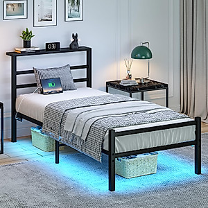 REVOMINCA Twin Bed Frame with Charging Station, Metal Platform Bed Frame with LED Lights, Storage Headboard, Heavy Duty Steel Slats, No Noise, Easy Assembly