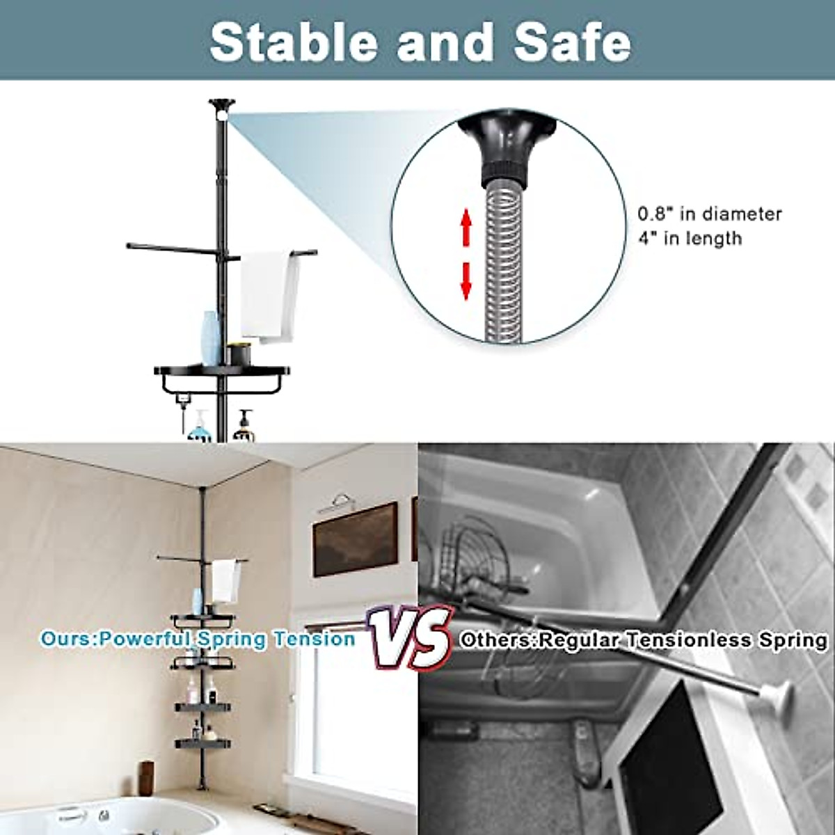 Corner Shower Caddy Tension Pole - Shower Organizer Tension Pole with 4 Shelves,Rust Resistant Stand Tension Rod Shower Caddy for Bathtub,Bathroom,RV,Kitchen Storage - Black,54-114” Adjustable