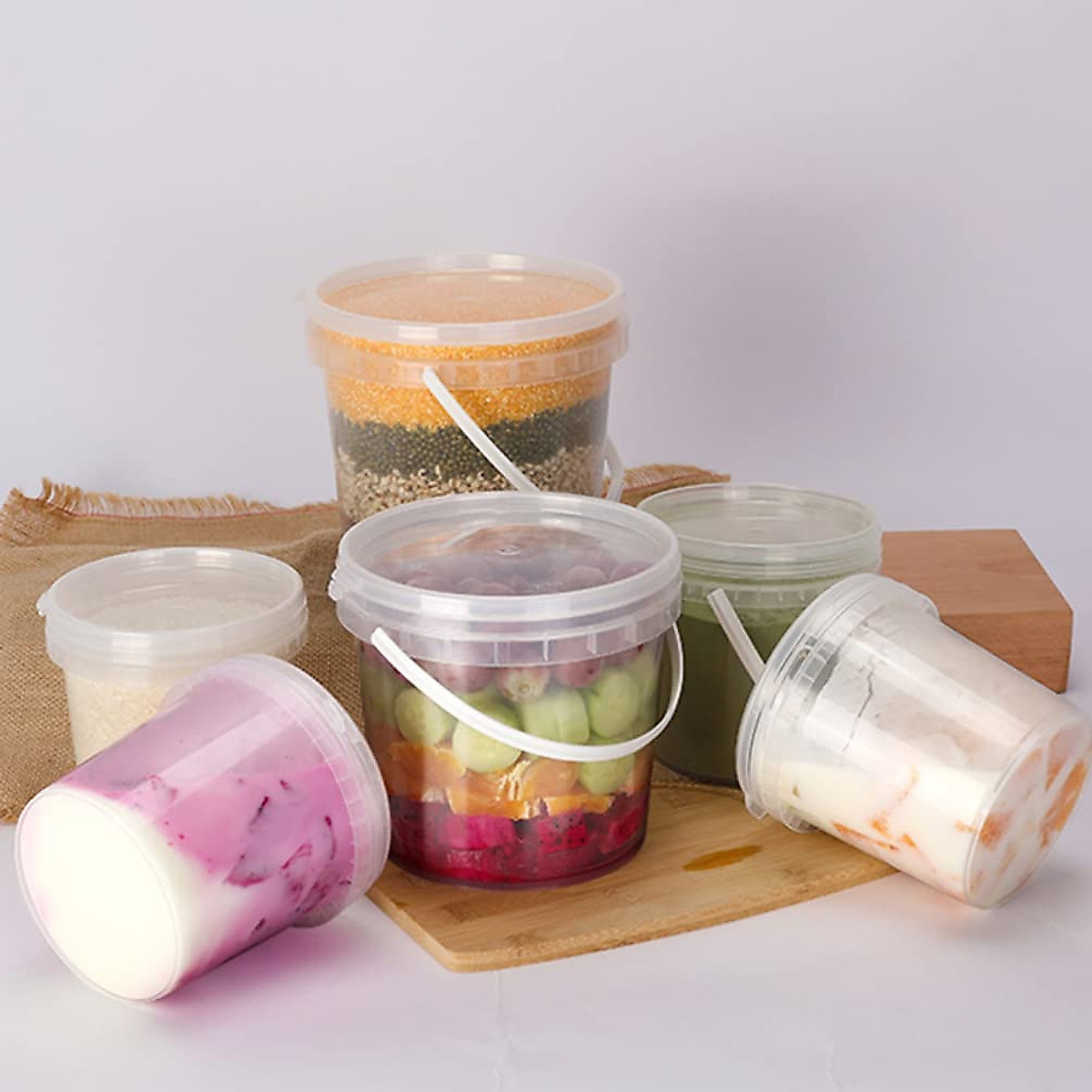 Operitacx 2 Pcs Clear Plastic Container with Lid Ice Cream Bucket Food Storage Containers Freezer Storage Buckets Round Plastic Pails with Handle for Homemade Ice-cream 1L