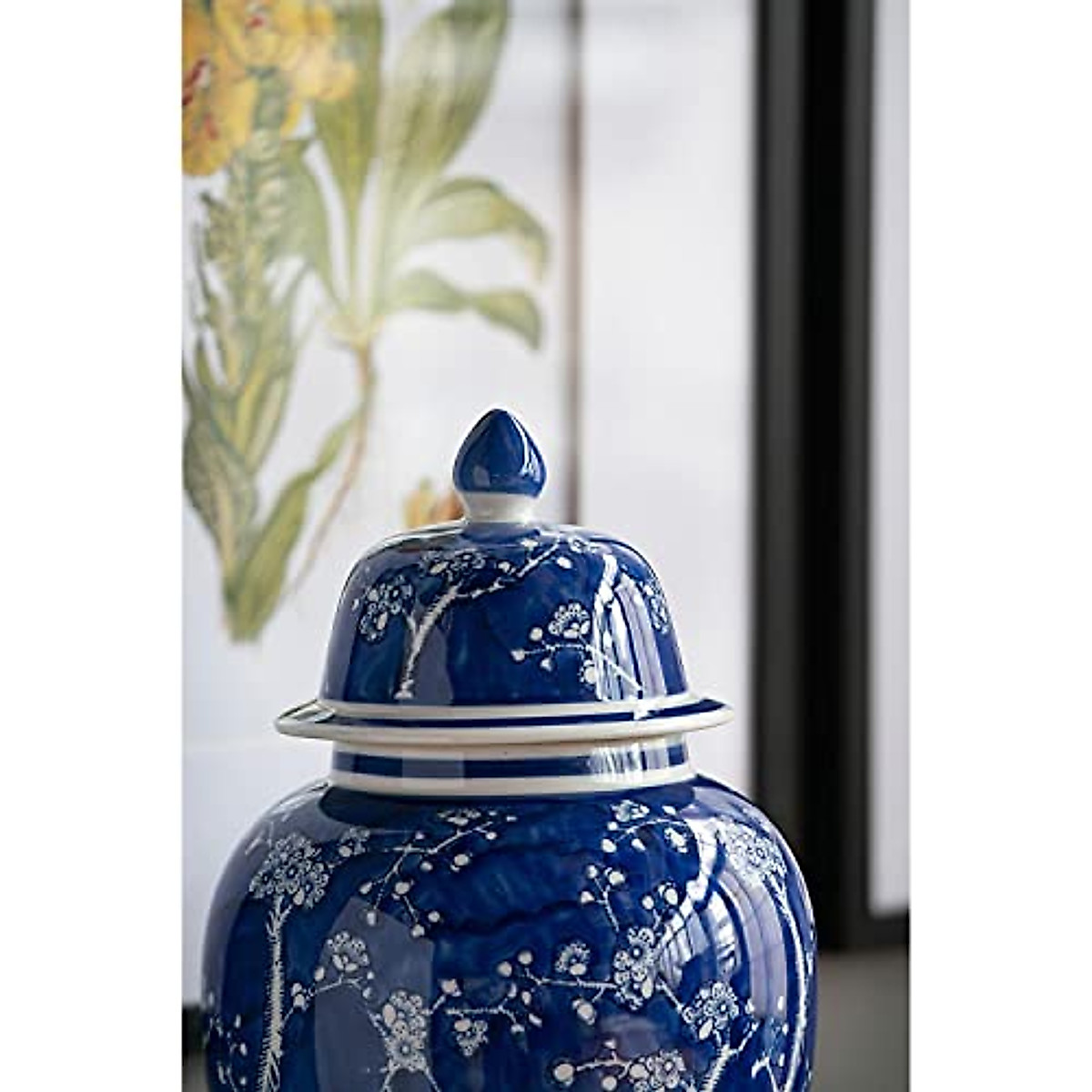 18" Porcelain Jar with Lid - Blue & White Cherry Blossom Print - Perfect for Any Room in Your Home