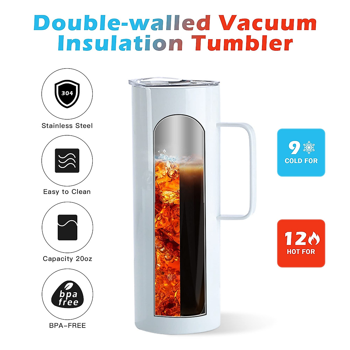 AGH Sublimation Tumblers with Handle 20oz Sublimation Blanks 4 Pack Skinny Straight Stainless Steel Vacuum Insulated Tumblers with Lids and Straws Keep Cold 24 Hours (White)