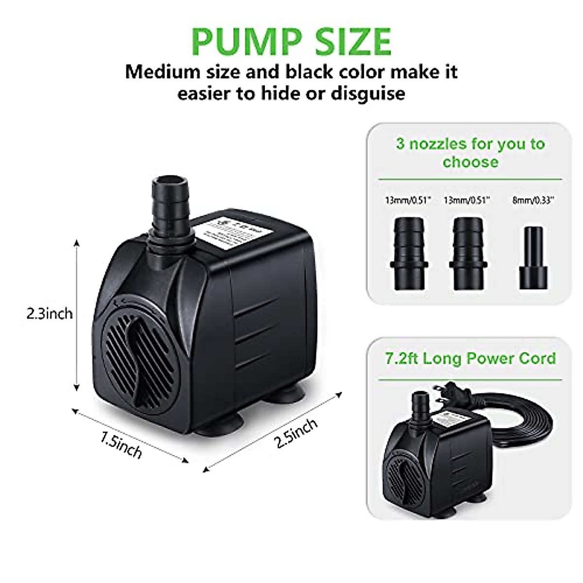 YDDHHB Submersible Pump, 130GPH(10W 500L/H) Fountain Water Pump, Compact Fountain Pump with 6.5ft Power Cord, 3 Nozzles for Fish Tank, Pond, Aquarium, Hydroponics (130GPH)