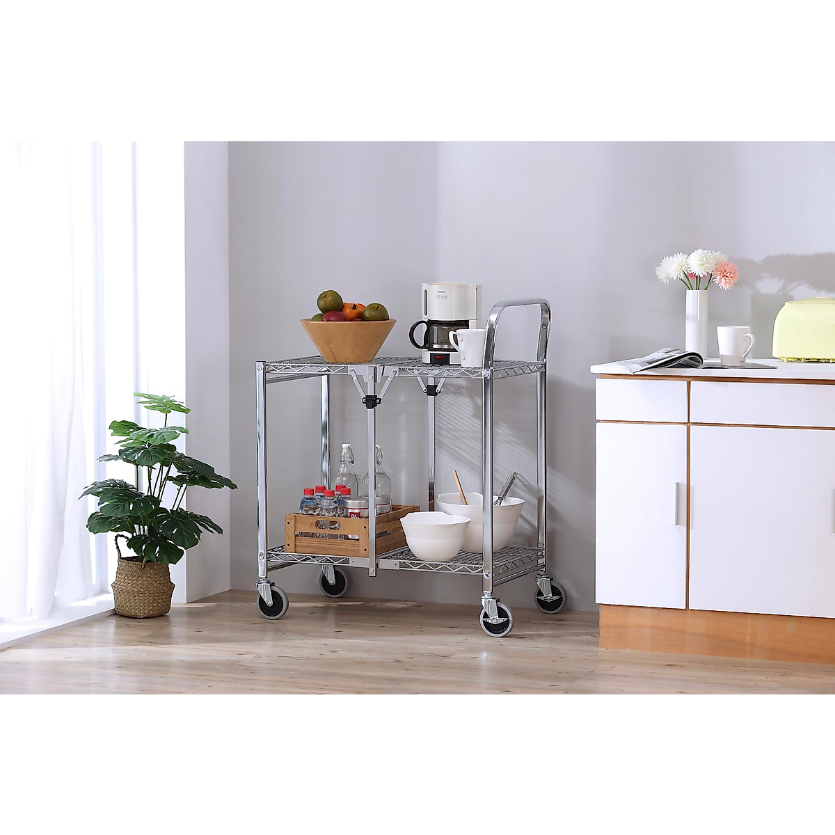 StorageMax 2 Tier Commercial Grade Heavy Duty Utility Cart | Holds up to 300lbs | Easy Foldable | Durable Chrome Plated Steel Heavy Duty Rolling Cart for Garage, Warehouse, Showroom and Office