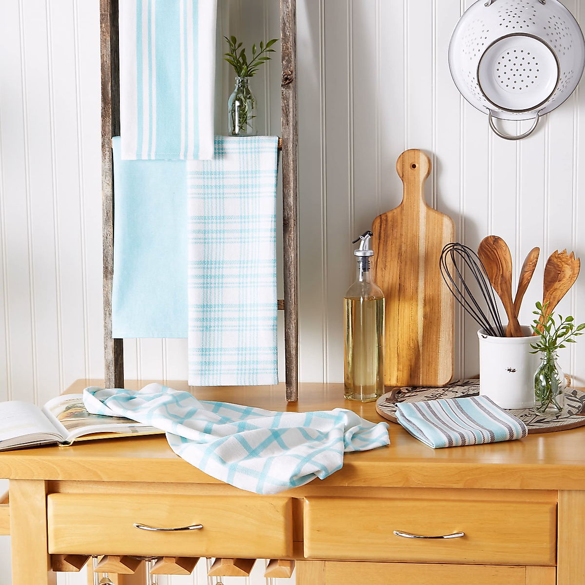 DII Assorted Woven, Kitchen Dishtowel Set, 18x28, Aqua, 5 Piece