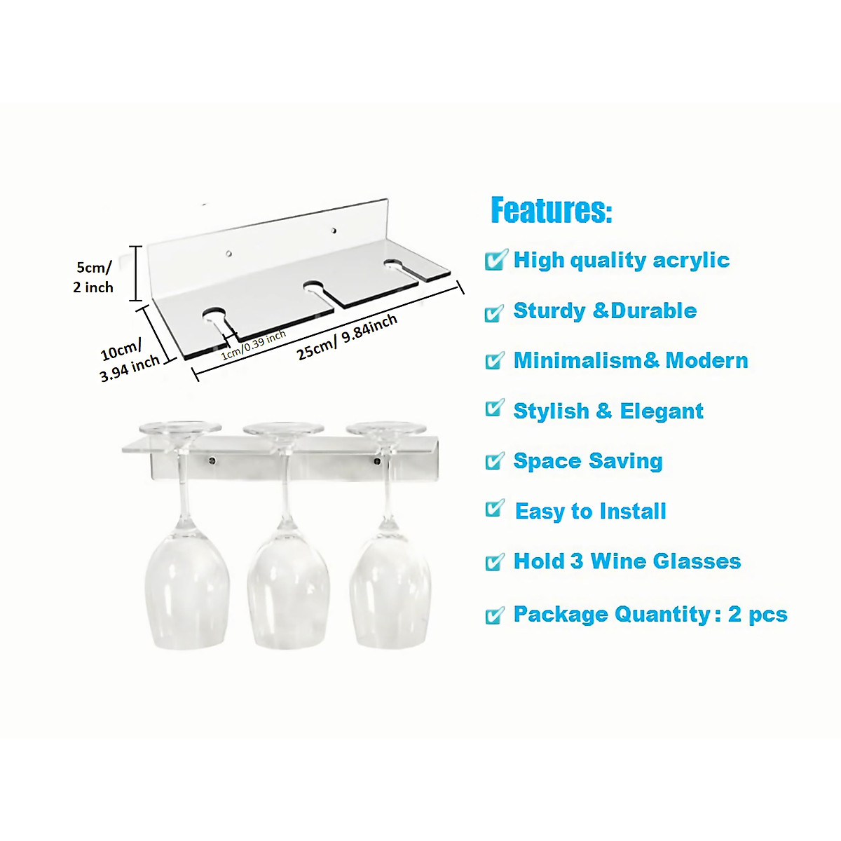 Generic Brands Stemware Rack,Wine Glasses Holder Under Cabinet Organization and Storage Set of 2, Clear Acrylic Finish 11 Inch Wine Glass Rack