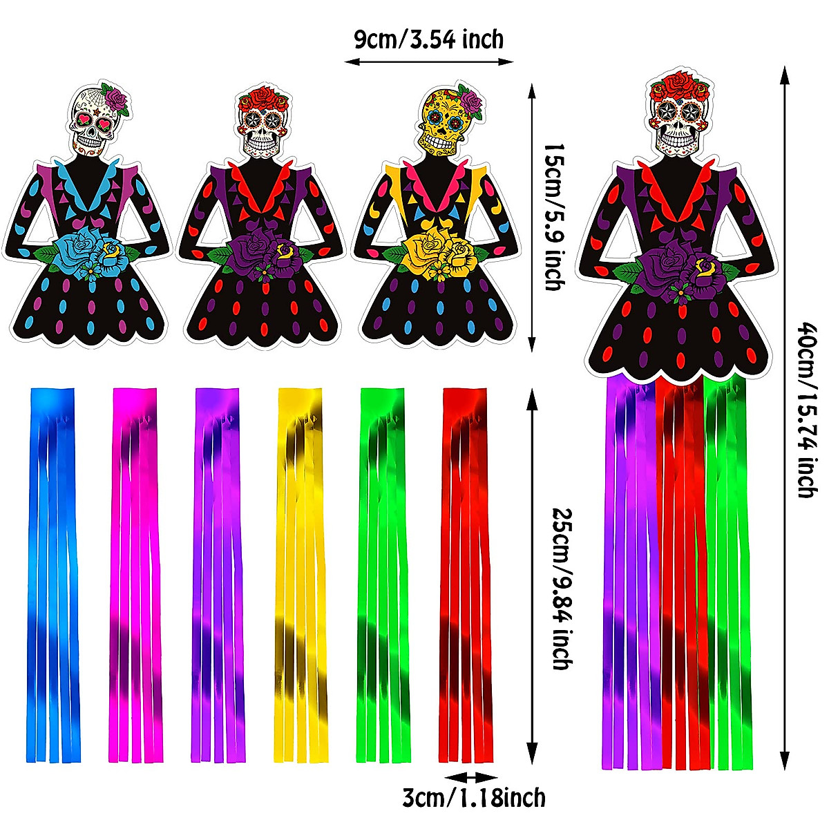 Day of the Dead Sugar Skull Hanging Decorations 3 Pieces Dia De Los Muertos Party Decorations Skeleton Sugar Skull Bride Decor with Tassels, Glue and Ropes for Halloween DIY Craft Party Supplies