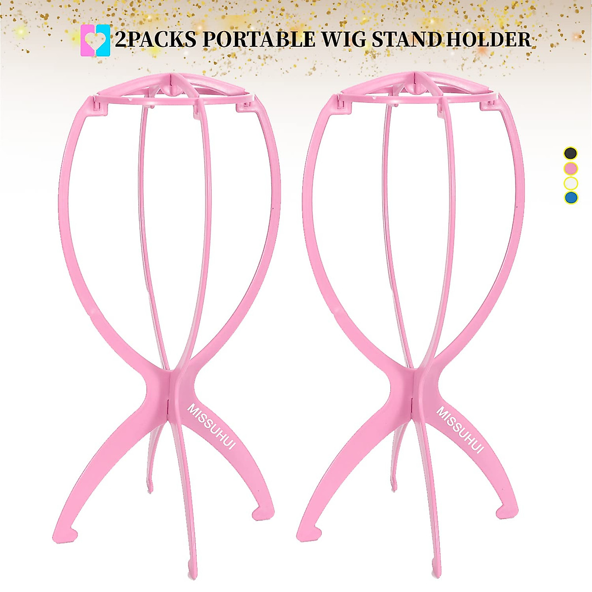 MISSUHUI Wig Stand Wig Holder, Short Wig Stand Portable Wig Head Stand, Collapsible Wig Holder for Multiple Wigs, Wig Display Stand Tool Travel Wig Stand (2Pcs Pink)