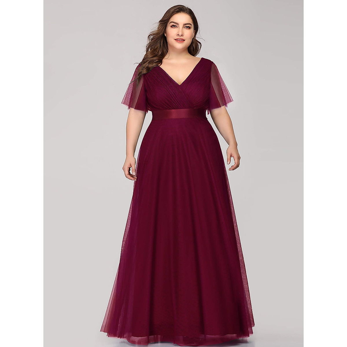 Ever-Pretty Women's Double V-Neck Empire Waist Front Wrap Plus Size Chiffon Prom Dress Burgundy US22