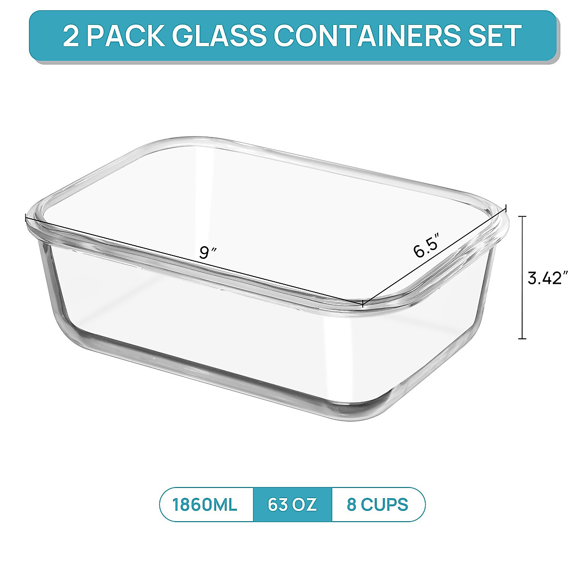 Vtopmart 2Pack 1860ml/ 63oz Large Glass Storage Containers with Lids, Meal Prep Food Container Set with Snap Airtight Lid for Baking, Microwave, Oven, Leak Proof, for Freezer, Dishwasher, Grey