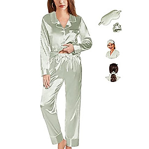 WJing Yi Jia Womens Pajama Set Silk Satin Pajamas Long 2pc Pjs Button Down Sleepwear Pj Set Loungewear White