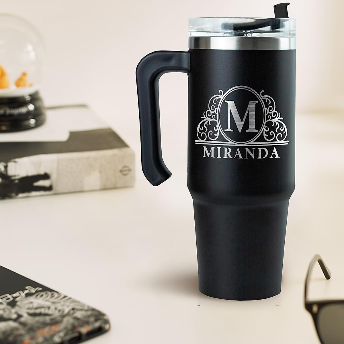 Personalized 30 oz Travel Mug - Elaborate Circle Monogram - Black Custom Engraved Cup with Handle Vacuum Insulated Tumbler Birthday Gift for Women, Men, Beer and Drinks