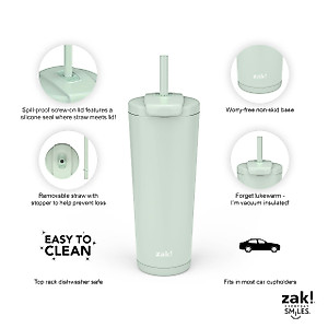 Zak Designs Beacon Straw Tumbler for Travel or At Home, 24oz Stainless Steel with Vacuum Insulated and Non-Skid Base (Icicle Mint Green)