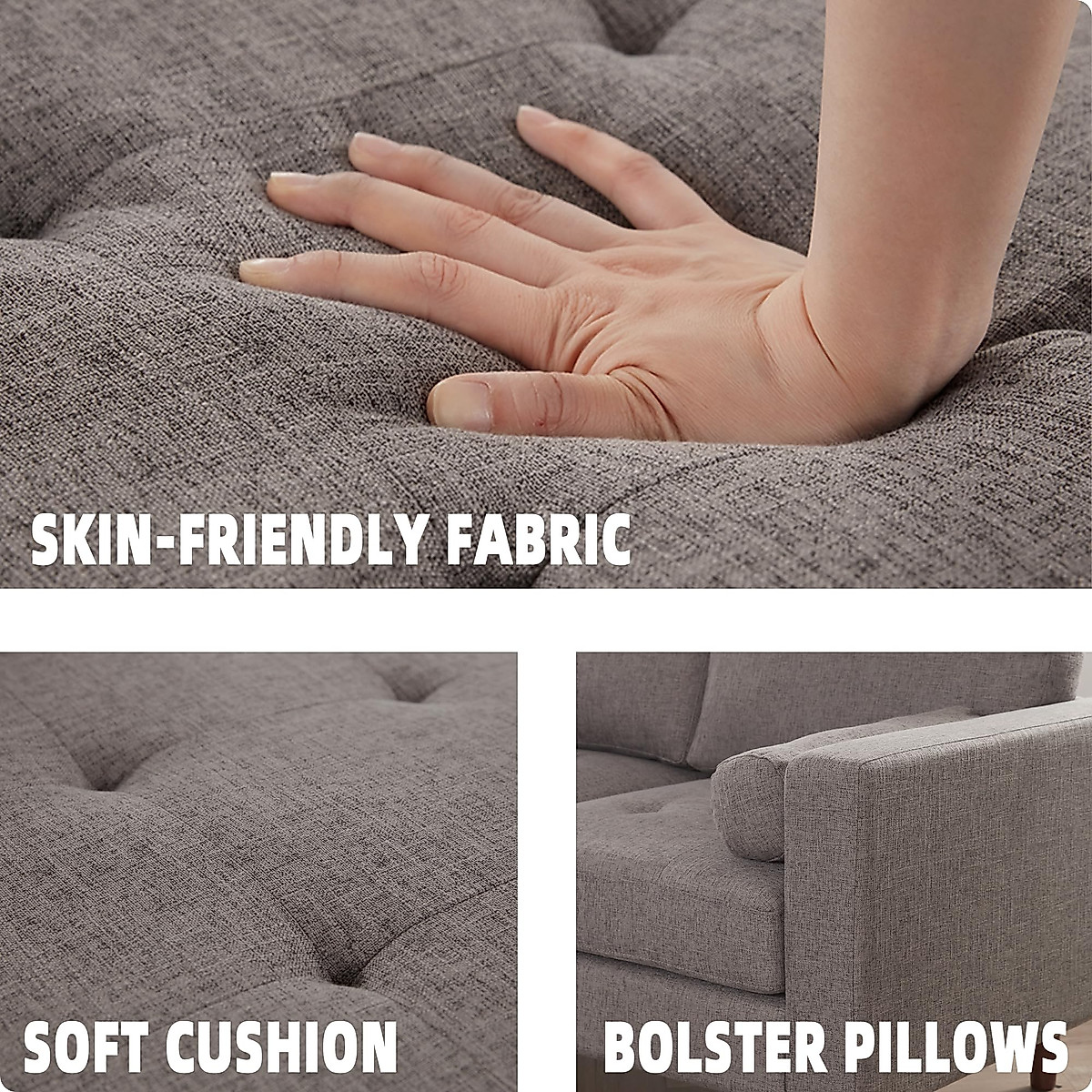 Kingfun 80" W L Shaped Sofa Couch with Reversible Chaise, 3 Seat Couch with Wide Chaise Lounge & Two Pillows, Mid-Century Modern Couch for Living Room, Convertible Sofa with Tufted Seat Cushion, Gray