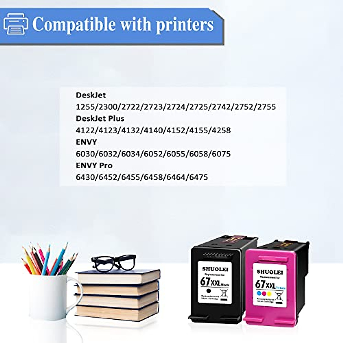 67XXL Remanufactured Ink Cartridge Compatible with HP 67XXL 67XL Black Color Combo Pack for DeskJet 2755 2752 2742 DeskJet Plus 4155 4152 4158 4140 Envy Pro 6452 6475 6458 6455 Envy 6055 6052 6075