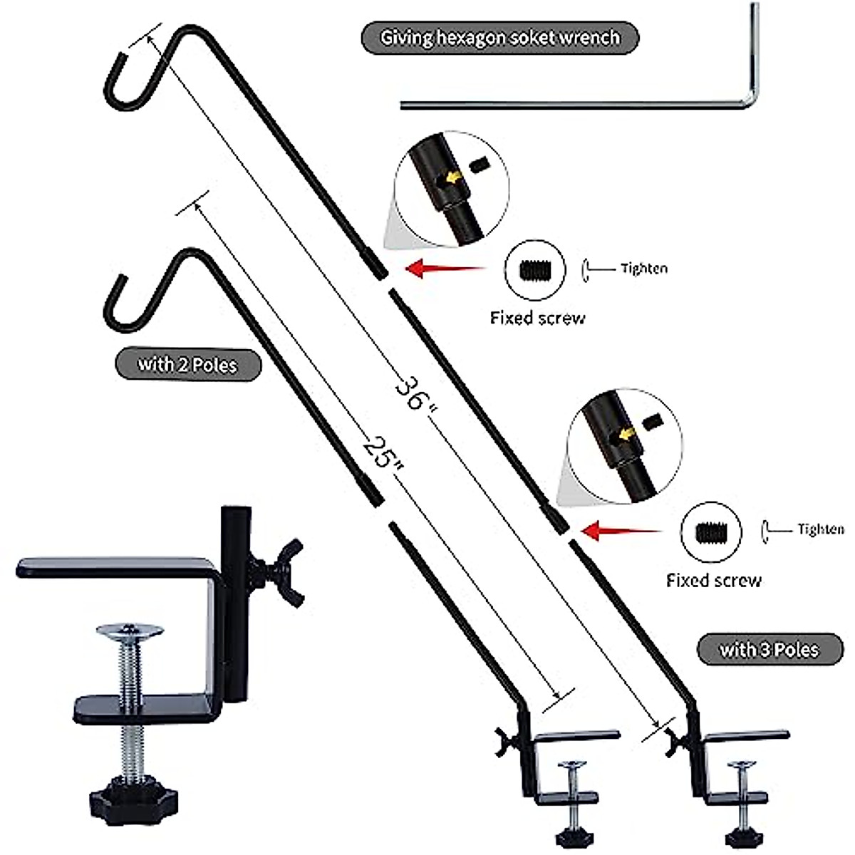 Juegoal Heavy Duty Deck Hook with 2 Inch Non Slip Clamp, 25 to 36 Inch Extended Reach Deck Hook, Adjustable Rail Pole Plant Bracket for Hanging Bird Feeder, Plants, Lanterns, Wind Chimes