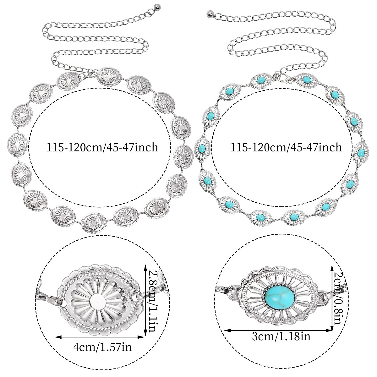 obmwang 2 Pcs Women Concho Western Chain Belts Turquoise Chain Belts Adjustable Metal Waist Belt for Dresses Jeans
