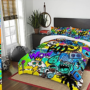AILONEN Cartoon Skull Bedding Set Twin Size, Graffiti Theme Spray Paint Ink Textured Silhouette Comforter Set,Hip-Hop Style Soft Breathable Duvet Set for Boys Girls 3Pcs, 1 Quilt and 2 Pillowcases