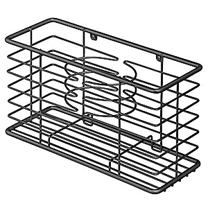 mDesign Steel Wall Mount Hair Dryer Storage Organizer - Hair Styling Tool Basket for Bathroom and Bedroom - Holds Hair Dryer, Flat Iron, Curling Wand, Hair Straightener - Linelle Collection - Black