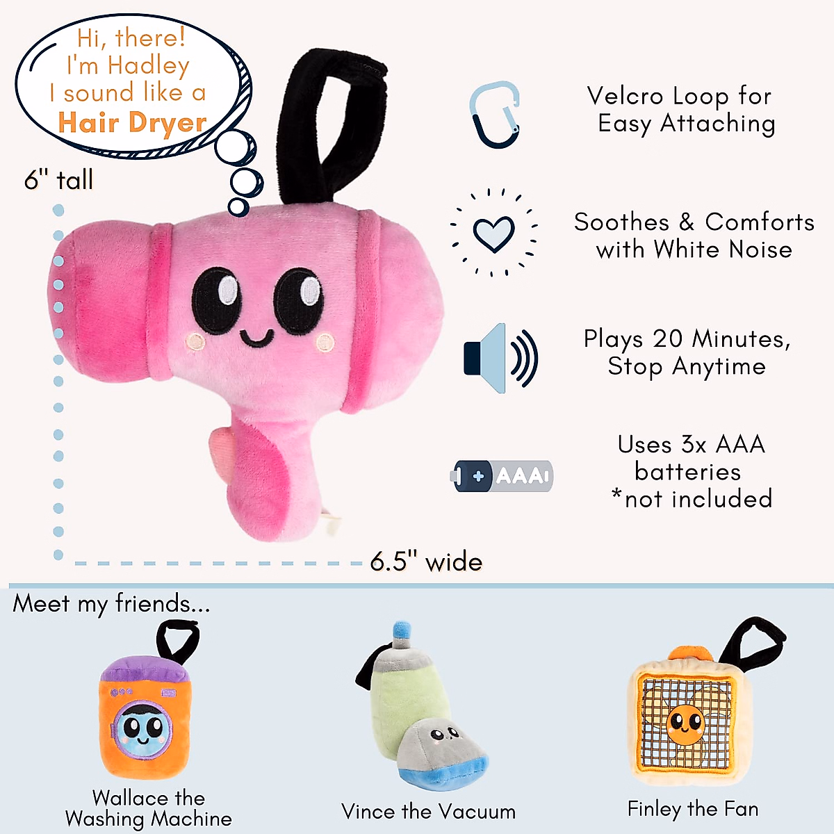 Soothie Sounds: Portable White Noise Machine | Baby Soother Plays Vaccum Sound (Plays up to 20 Minutes, Pediatrician Created. (Hook for Stroller or Car), Hadley The Hairdryer