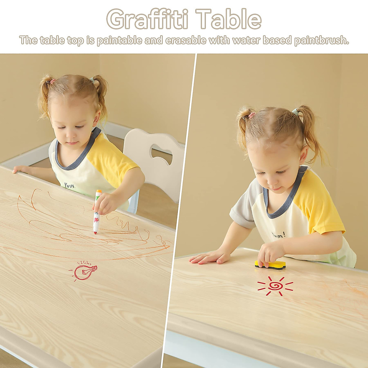 CuFun Kids Table and 4 Chairs Set, Children Study Desk, Dining Table, Height Adjustable Plastic Desk Painting Desktop Toddler Furniture for Boys and Girls (Burlywood-Wood Grain)