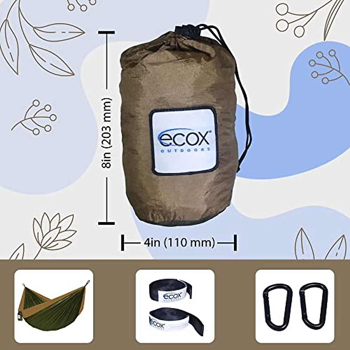 ecox Outdoors Parachute Hammock Single with 2 Tree Straps, Portable Lightweight Nylon Comfortable for Backpacking, Camping, Travel, Beach, Backyard, Patio, Hiking