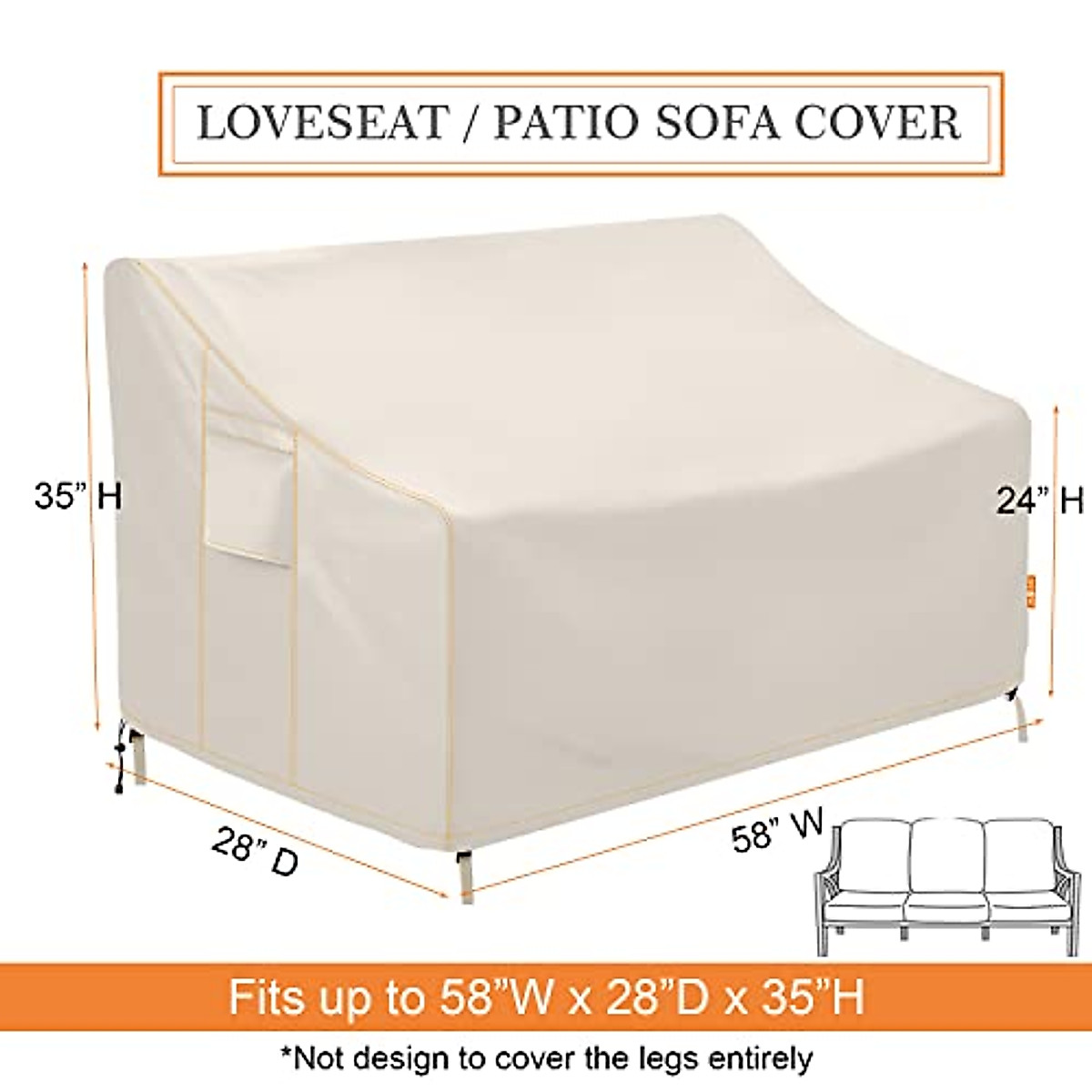 ZEJUN Outdoor Loveseat Cover Waterproof, 600D Patio Sofa Cover, 58" L x 28" D x 35" H, UV Resistant, Anti-fad, Dustproof Loveseat Couch Cover for Patio Furniture, Porch loveseat, Lawn Bench Chairs
