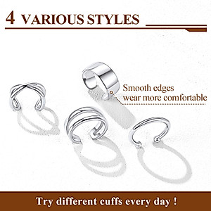 ChicSilver 4 PCS S925 Sterling Silver Criss Cross Ear Cuff No Pierce Ear Cuff Sets Double Simple Lines Ear Cuff Fake Cartilage Earring Helix Piercing